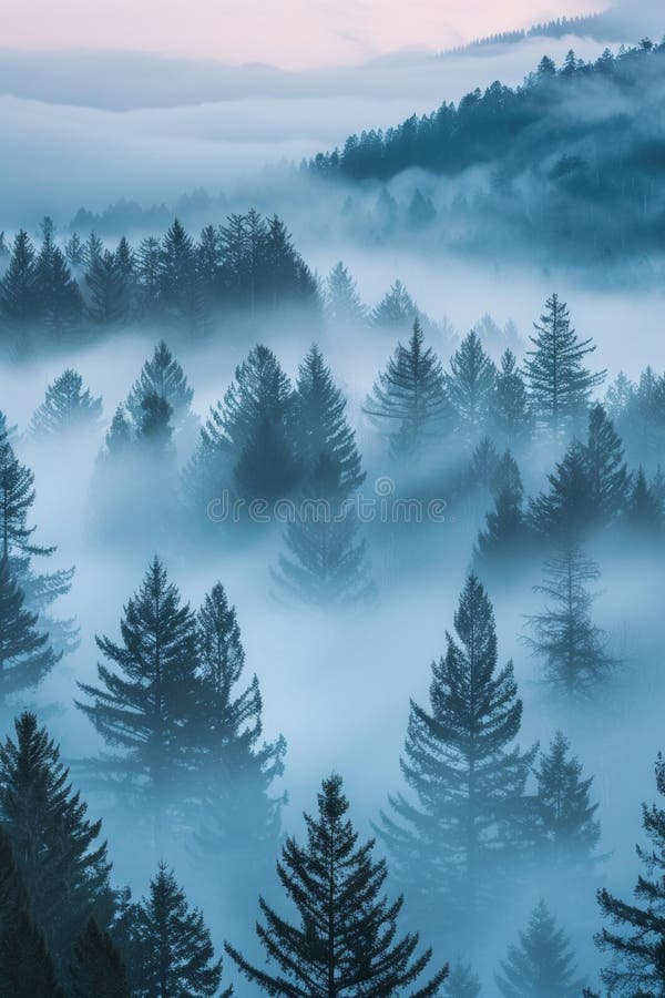 Mystical Forest Scene Enveloped in a Gentle Mist, with Towering ...