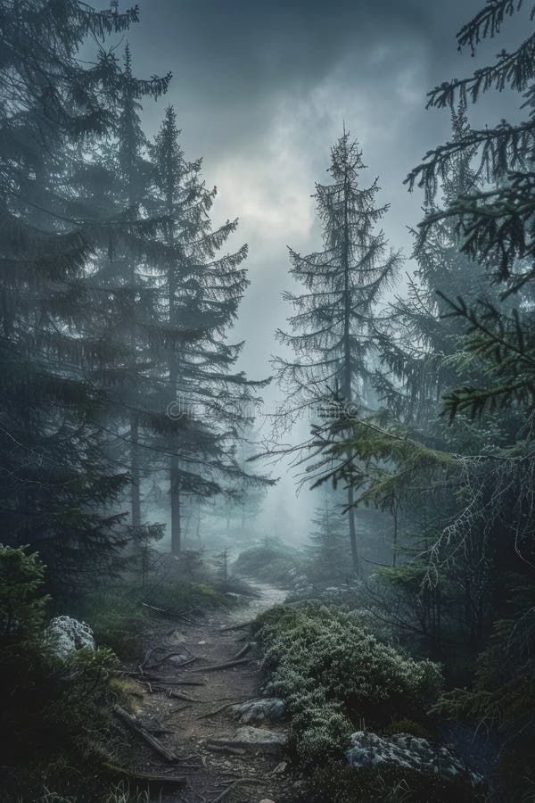 Mystical Forest Scene Enveloped in a Gentle Mist, with Towering ...