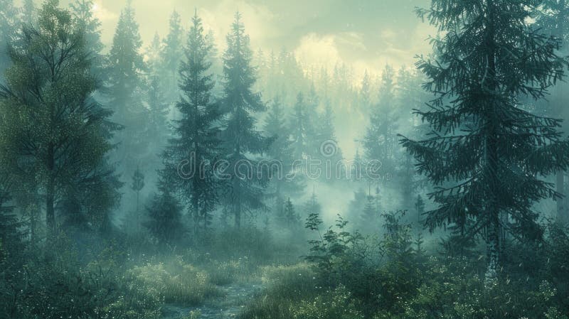 Mystical Forest Scene Enveloped in a Gentle Mist, with Towering ...