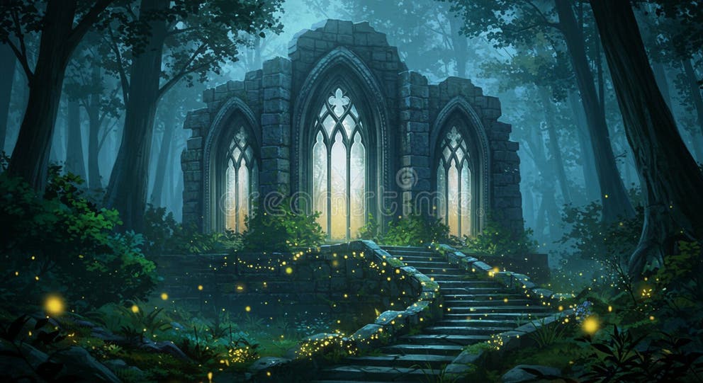 A Mystical Forest Scene Featuring an Ancient Stone Structure with ...