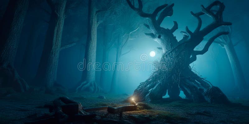 Mystical Forest Scene, Featuring an Ancient Tree with Glowing Runes ...