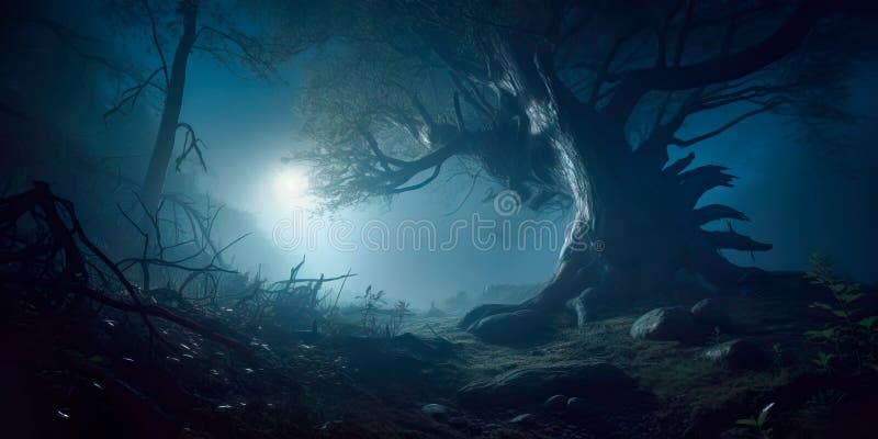 Mystical Forest Scene, Featuring an Ancient Tree with Glowing Runes ...