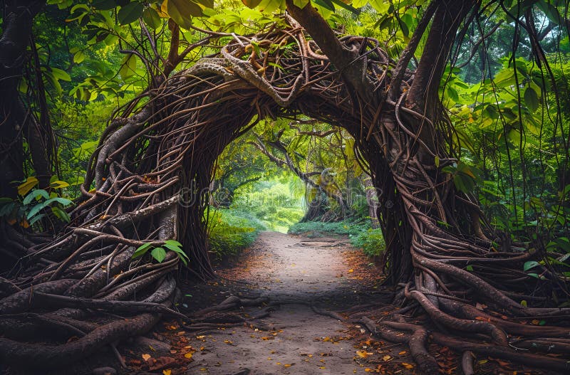 Path through Twisted Tree Roots Forming Natural Arch in Lush Enchanted ...