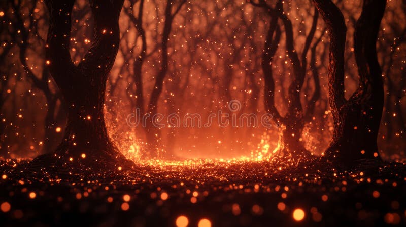 Mystical Forest Scene with Glowing Embers and Dark Twisted Trees Stock ...