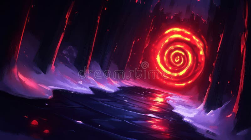 A Mystical Forest Scene with a Glowing Red Spiral Portal at the End of ...