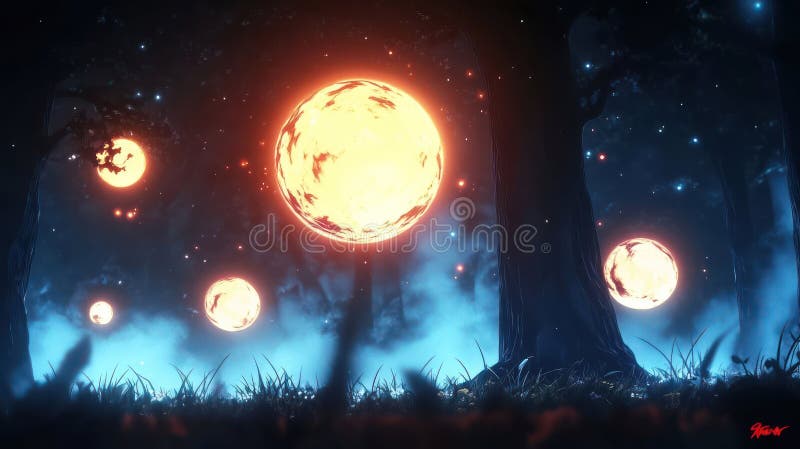 A Mystical Forest Scene Illuminated by Glowing Orbs Resembling Moons ...