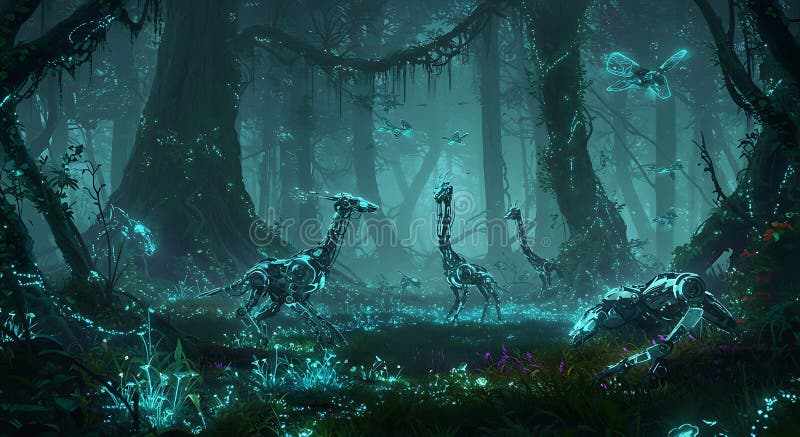 A Mystical Forest Scene with Towering Trees Draped in Vines, Casting a ...