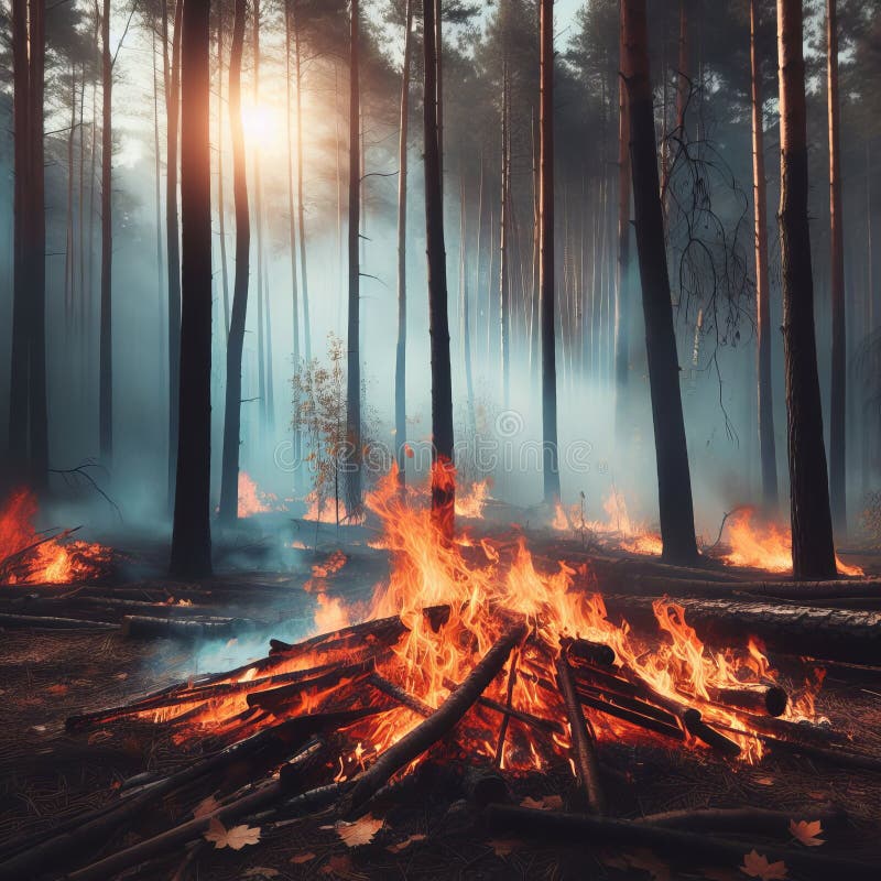 A Mystical Forest Scene Where the Sun Breaks through the Smoke ...