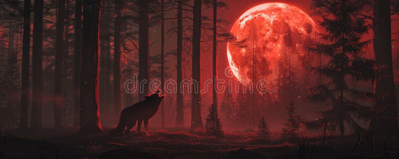 A Mystical Forest Scene with a Wolf Howling at the Blood Moon during a ...