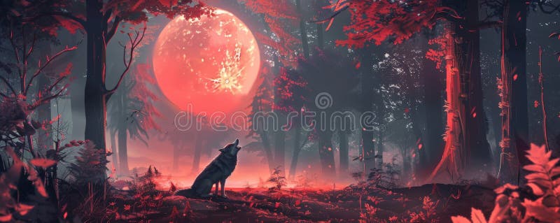 A Mystical Forest Scene with a Wolf Howling at the Blood Moon during a ...