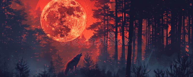 A Mystical Forest Scene with a Wolf Howling at the Blood Moon during a ...