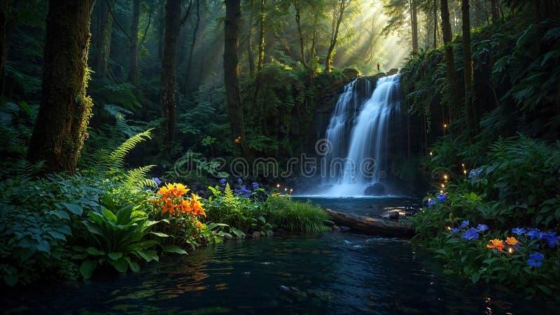 Mystical Forest Stream Reflecting Soft Ambient Light in Digital Artwork ...