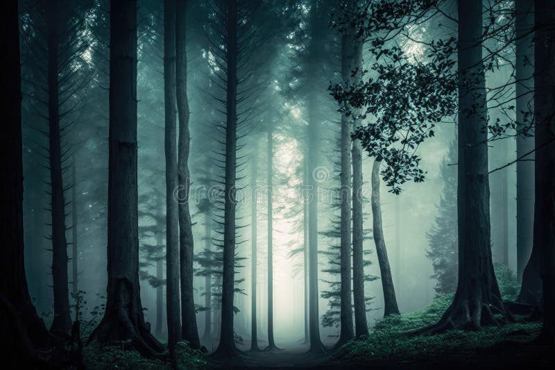 Mystical Forest with Tall Trees and Fog, Providing a Spooky yet Magical ...