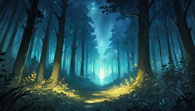 Mystical Forest with Tall Trees at Night. Illustration Stock ...