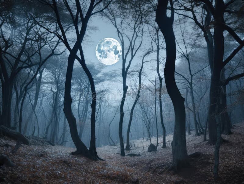 Mystical Forest Under Double Exposure and Full Moon Stock Illustration ...