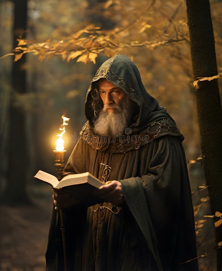 "Mystical Forest Wizard Reading by Torchlight" Stock Illustration ...