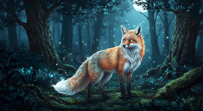Mystical Fox Illuminated by Moonlight in an Enchanted Forest Setting ...