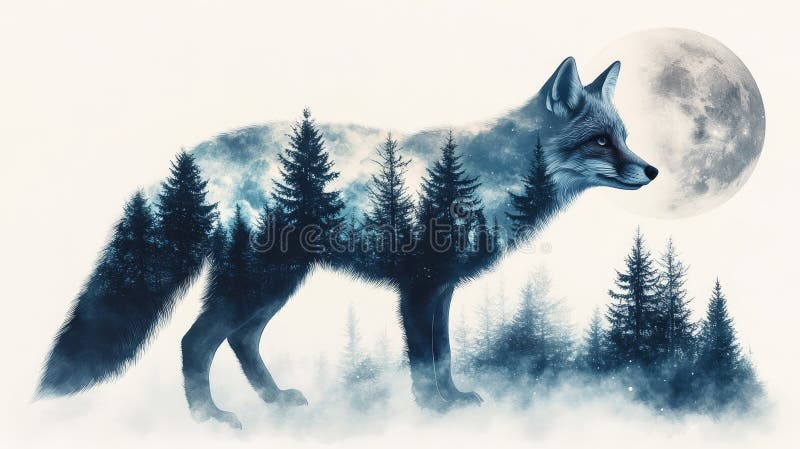 Mystical Fox Silhouette with Forest and Moon Stock Illustration ...