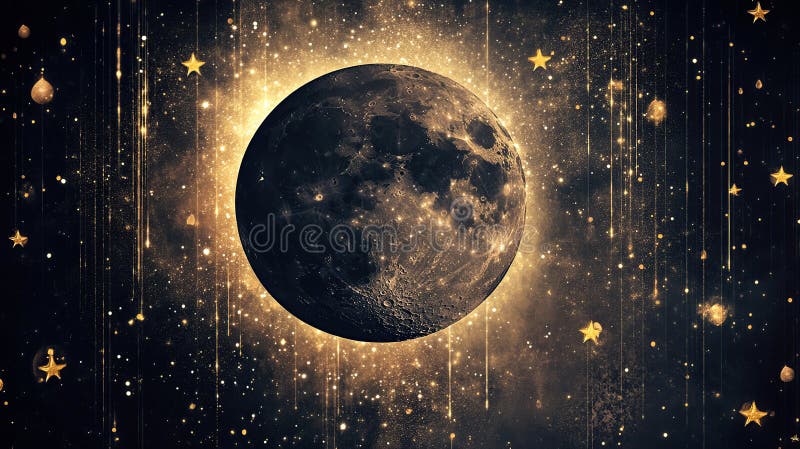 Mystical Full Moon Surrounded by Golden Stardust and Stars Stock Image ...