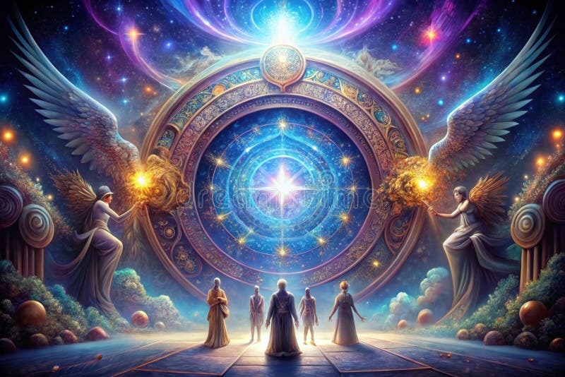 Mystical Gateway in Deep Space with Glowing Patterns, Angels, and ...
