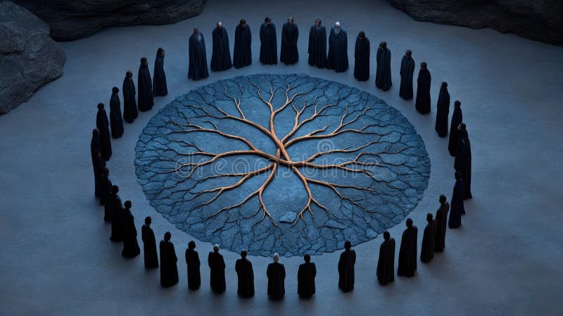 Mystical Gathering Around a Symbolic Tree Design in a Dimly Lit Space ...