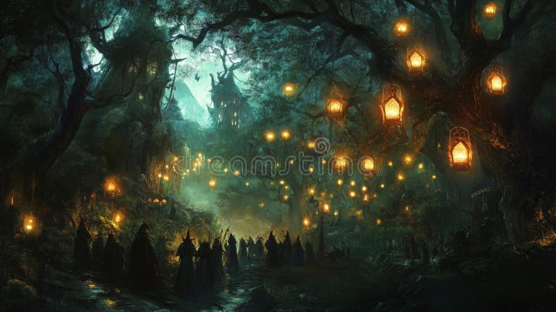 A Mystical Gathering in a Forest Lit by Lanterns Stock Illustration ...