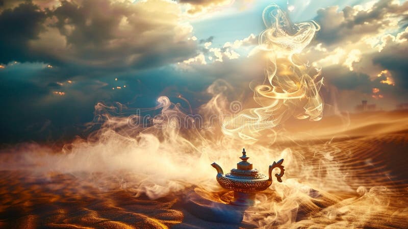 Mystical Genie Emerging from a Magical Lamp in the Desert at Dusk ...