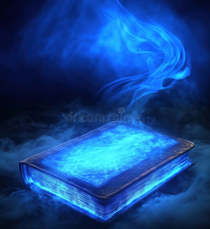 Mystical Glowing Book with Ethereal Blue Flames and Smoke, Symbolizing ...
