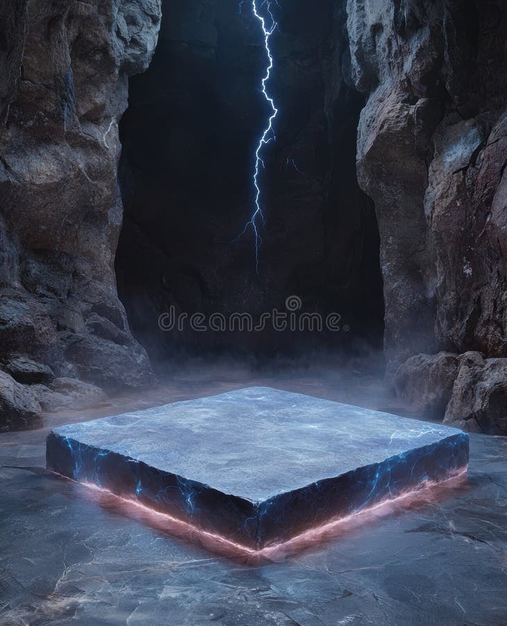 Mystical Glowing Cube in Dark Cave with Lightning Stock Illustration ...