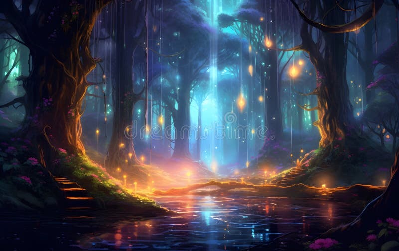 Mystical Glowing Forest with Enchanting Ethereal Lights Stock ...