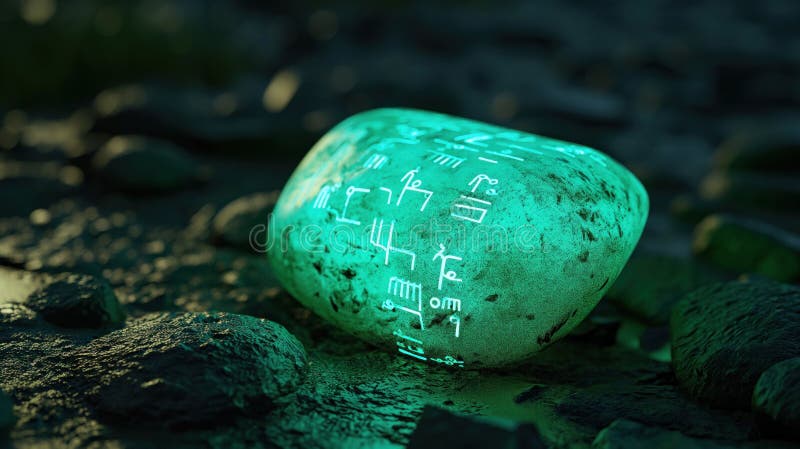 Mystical Glowing Green Stone with Ancient Runes on a Darklit Background ...