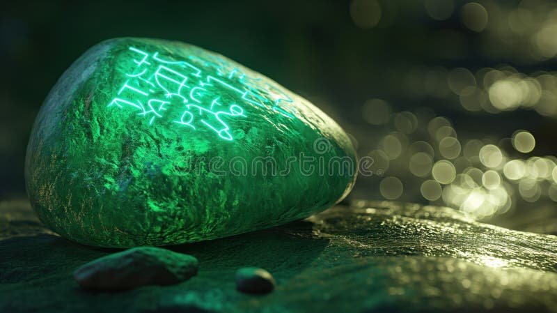 Mystical Glowing Green Stone with Ancient Runes on a Darklit Background ...