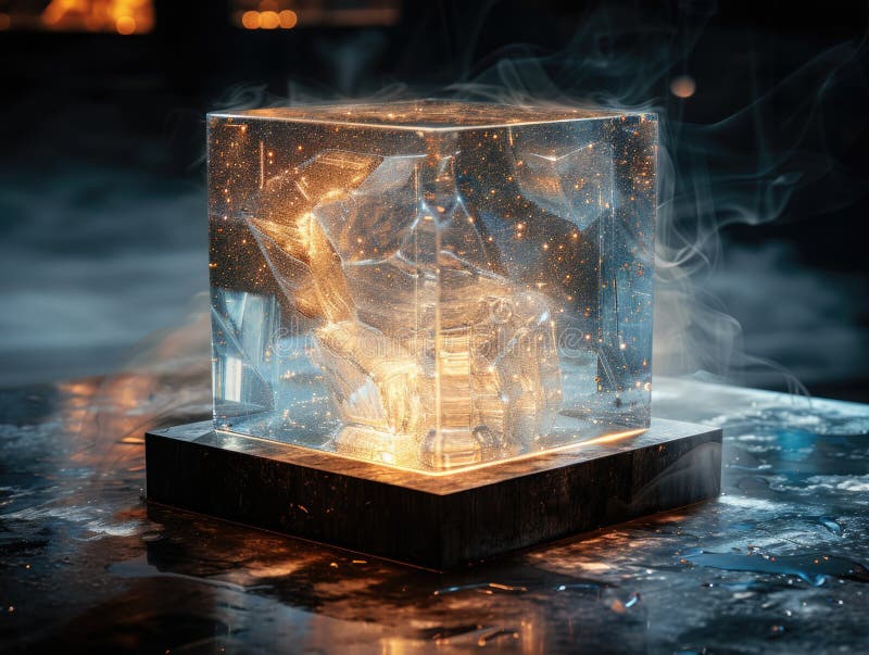 Mystical Glowing Ice Cube on Reflective Surface Stock Photo - Image of ...
