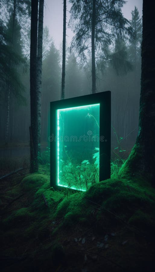 Mystical Glowing Neon Light Creepy Square or Portal in the Forest, AI ...