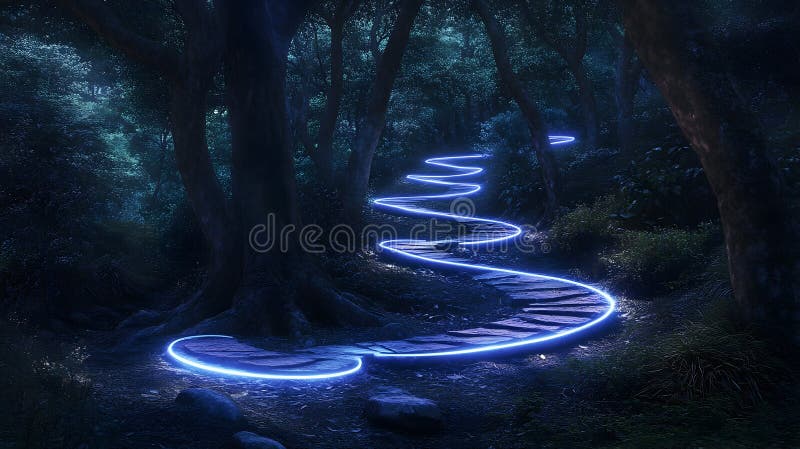 Mystical Glowing Path in the Dark Enchanted Forest, Illuminating the ...