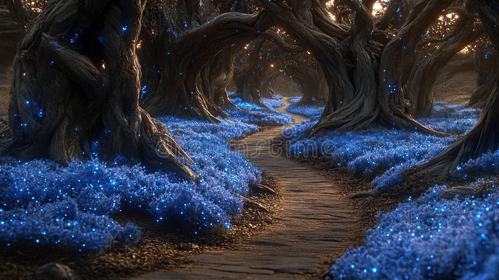 Mystical Glowing Path through a Surreal Forest Stock Photo - Image of ...
