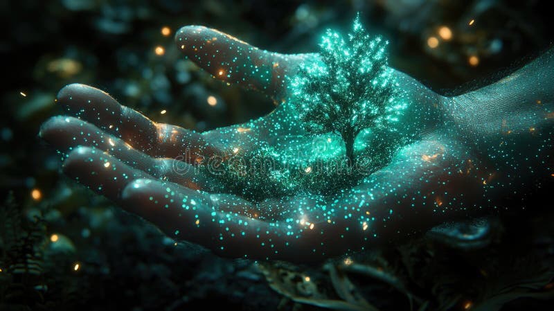 Mystical Glowing Tree in Hand Surrounded by Magical Sparkles and Light ...