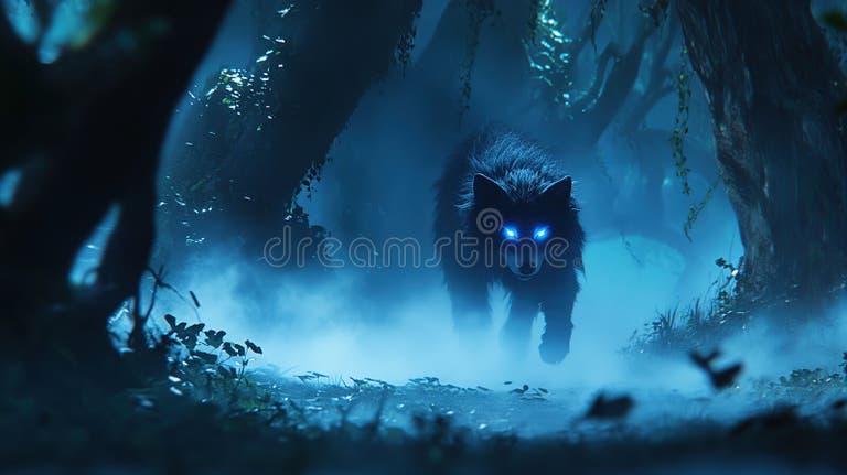 Mystical Glowing Wolf in Dark Forest Stock Photo - Image of light ...