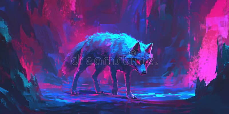 Mystical Glowing Wolf in Vibrant Neon Cave Environment with Dramatic ...