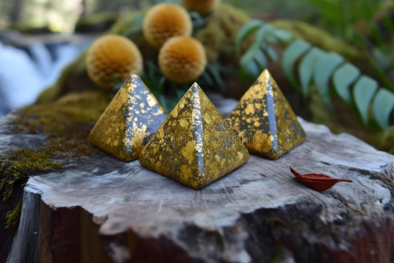 Mystical Golden Pyramids in Serene Forest Setting Stock Illustration ...