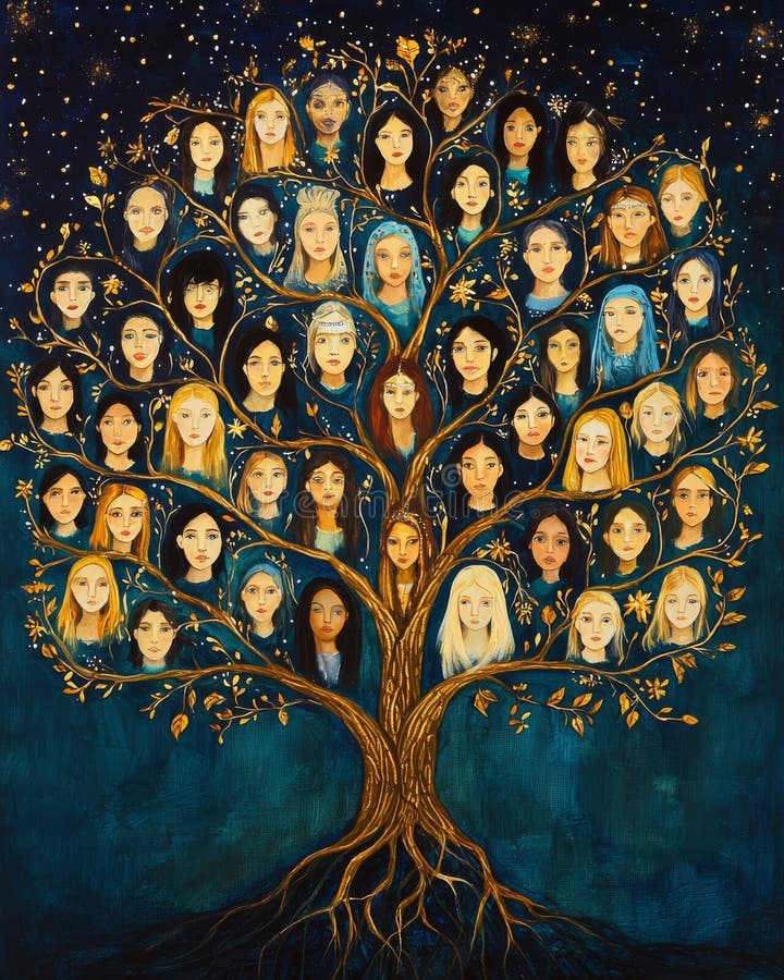 A Mystical Golden Tree with Human Faces and Roots, Emerging from a ...