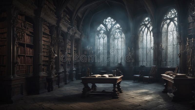 Mystical Gothic Library with a Massive Table, Large Windows and Old ...