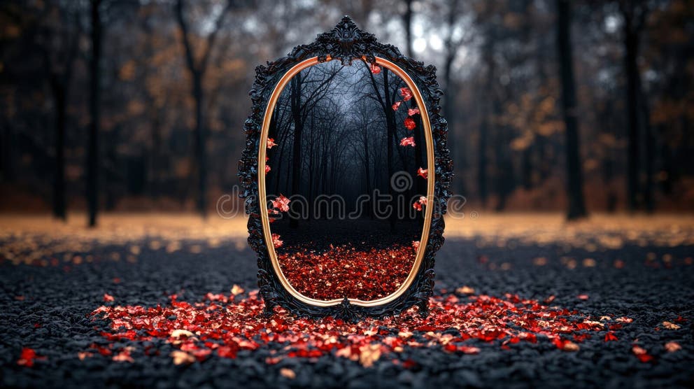 Mystical Gothic Mirror with Dark Forest Reflection on Gloomy Background ...