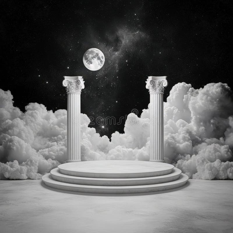 Mystical Greco-Roman Stage Under Starry Moonlit Sky. Stock Illustration ...