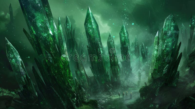 Mystical Green Crystal Cave with Explorers in a Fantasy World Stock ...