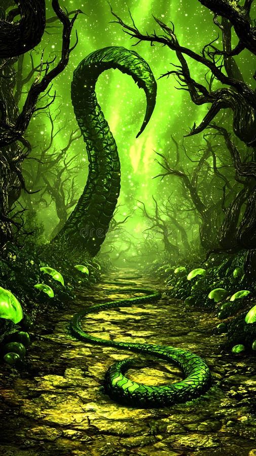 Mystical Green Forest with a Serpent-like Vine Stock Illustration ...