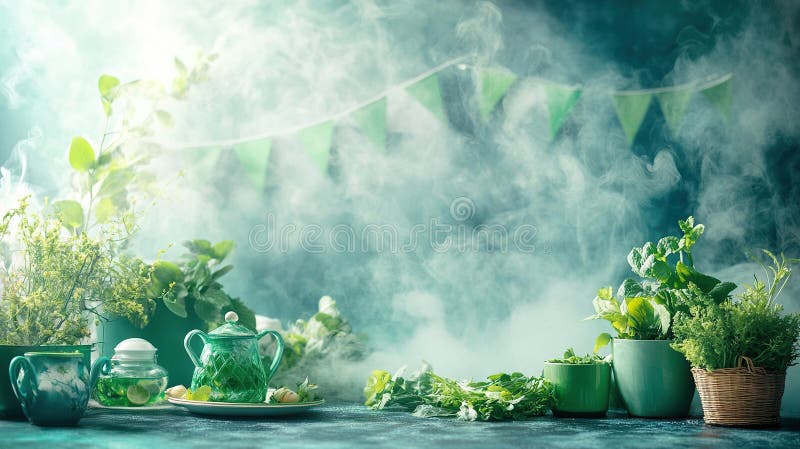 Mystical Green Tea Party Scene with Plants and Smoke Stock Photo ...