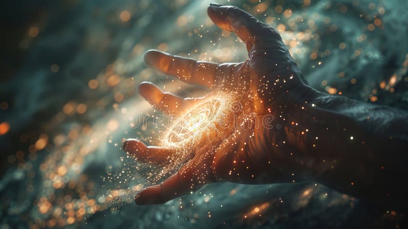 Mystical Hand Emitting Glowing Particles in Darkness Stock Illustration ...