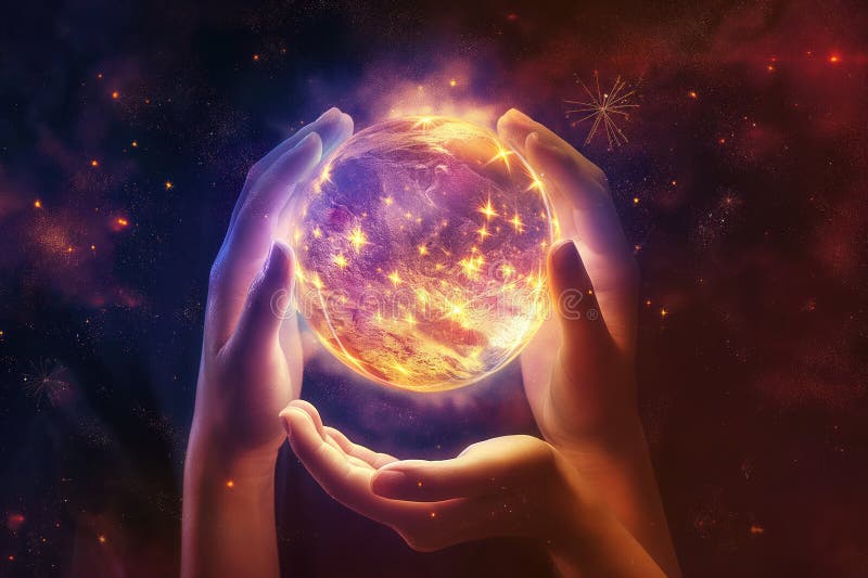 Mystical Hands Grasp a Glowing Sphere of Light in Space, Reading the ...