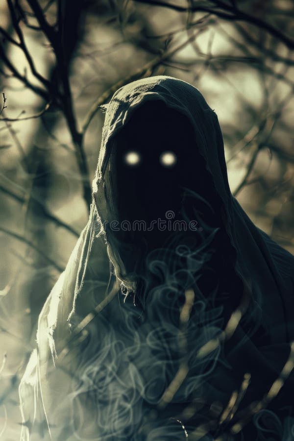 Mystical Hooded Figure with Glowing Eyes in Spooky Forest Setting Stock ...
